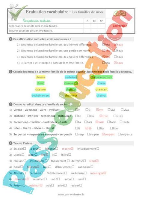 Les familles de mots au Ce2 Evaluation QCM Quiz PDF à imprimer