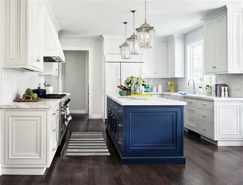White Kitchen Cabinets With Dark Blue Island Cintronbeveragegroup