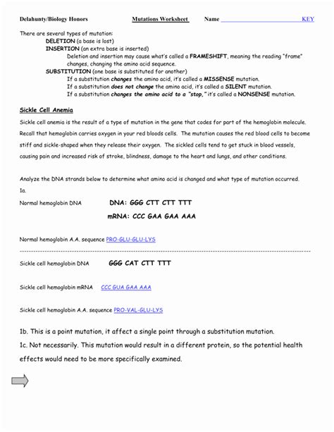 Types Of Mutations Answer Key Worksheet