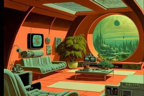 An Image Of A Futuristic Living Room That Is Painted In Orange And