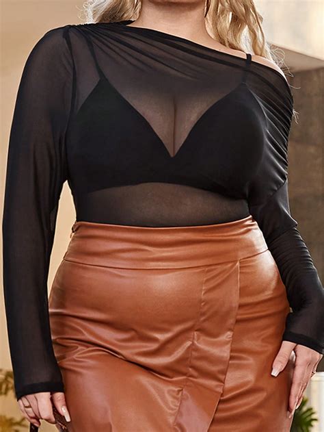 SHEIN Plus Asymmetrical Neck Ruched Mesh Top Without Bra SHEIN USA