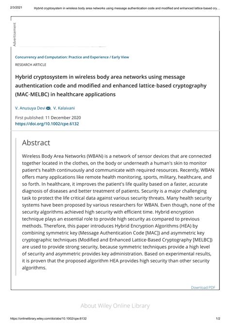 pdf hybrid cryptosystem in wireless body area networks using message authentication code and