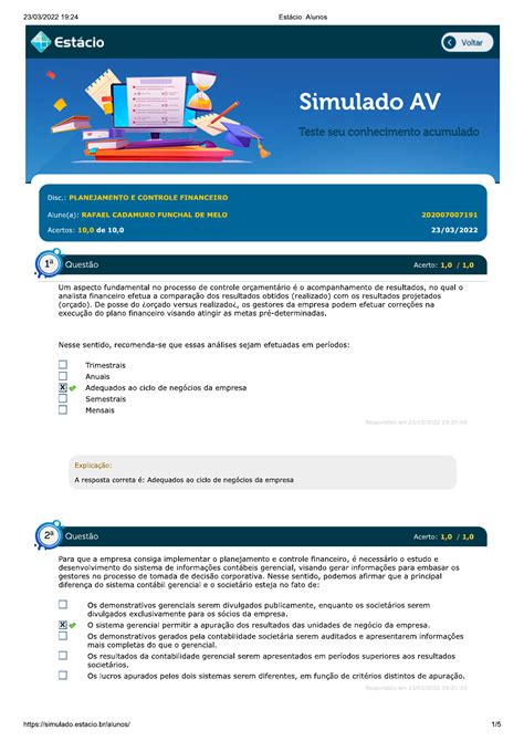PLANEJAMENTO E CONTROLE FINANCEIRO Simulado 2022 1 Planejamento E