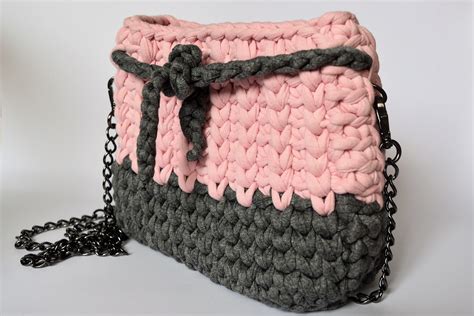Bolsa De Croche Fio De Malha Saco Rosa E Cinza Elo