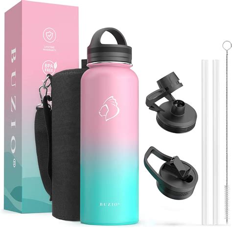 BUZIO 40 Oz Water Flask Insulated Water Bottle With Straw Lids