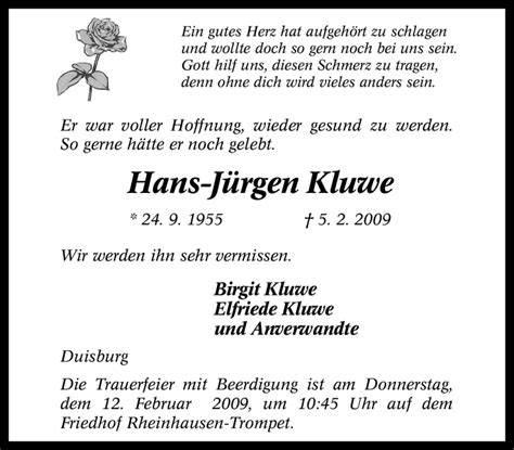 Trauer und Todesanzeigen von Hans Jürgen Kluwe Trauer de