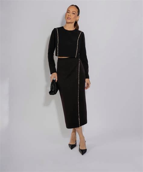Saia Midi Tweed Alfaiataria Rix Fashion Store Moda Feminina