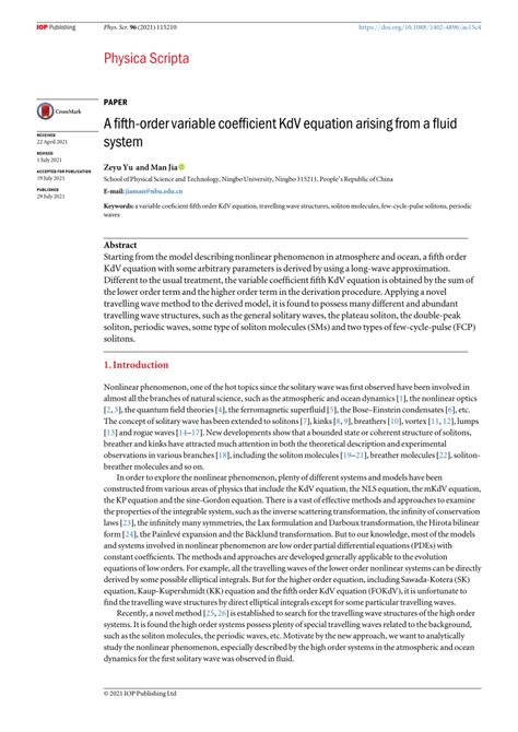 a fifth order variable coefficient kdv equation arising from a fluid system request pdf