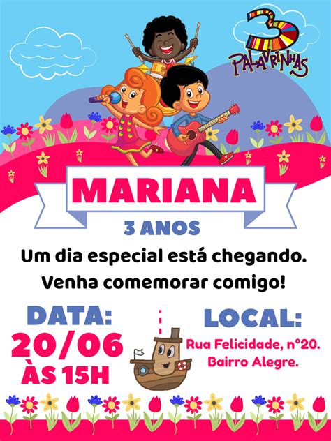 Convite Aniversário Três palavrinhas rosa menina Edite grátis