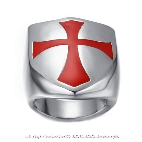 BOBIJOO Jewelry Chevalière Bague Bouclier Templier Croix Rouge Acier