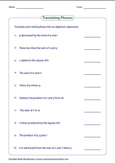 translating verbal phrases to algebraic expressions workshee