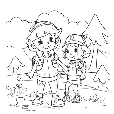 Ni Os Caminando En El Bosque Para Colorear Dibujo De Esquema De P Gina