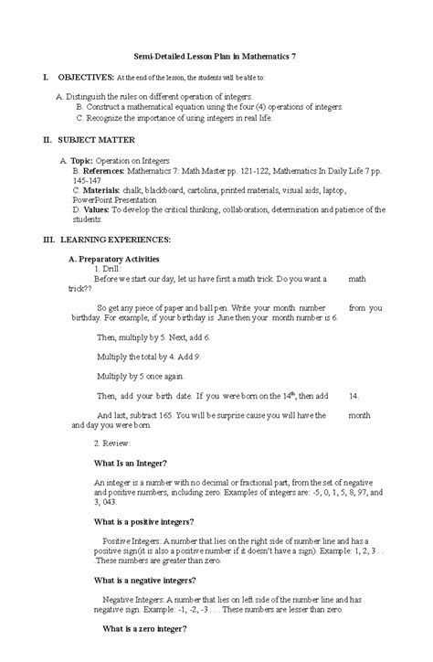 Grade 9 Integers Lesson Plan