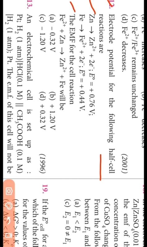 13 An Electrochemical Cell Is Set Up As Pt H2 1 Atm HCl 0 1M CH3