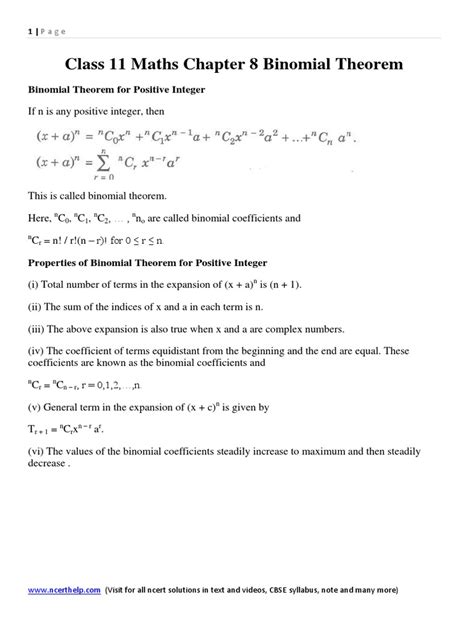 class 11 maths chapter 8 binomial theorem notes pdf pdf exponentiation discrete mathematics