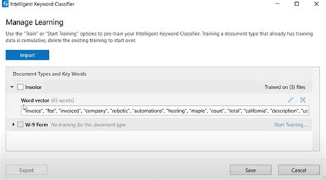 intelligent keyword classifier error message training has failed because of an internal error