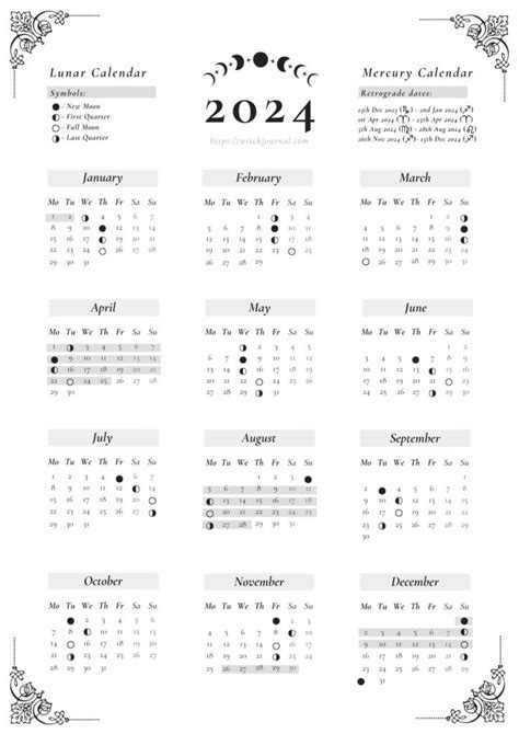 Free Lunar Calendar 2024 PDF Moon Calendar Phases Lunar Cycle