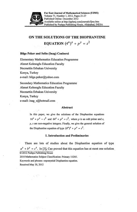 pdf on the solutions of the diophantine equation 4n x py z2