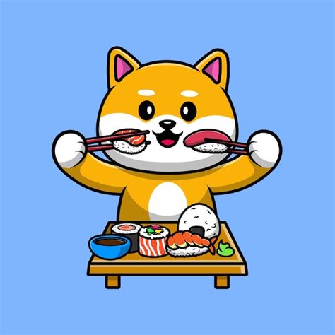Lindo Shiba Inu Perro Comiendo Sushi Dibujos Animados Vector Iconos