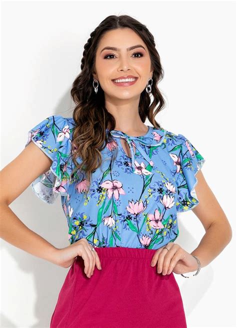 Blusa Floral Azul Babado Moda Evangélica Rosalie