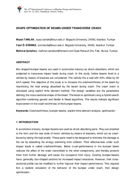 pdf shape optimization of beams under transverse crash fazil onder sonmez