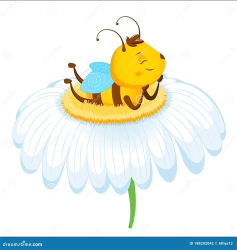 Una Linda Abeja De Dibujos Animados Yace En Una Camomila Ilustración