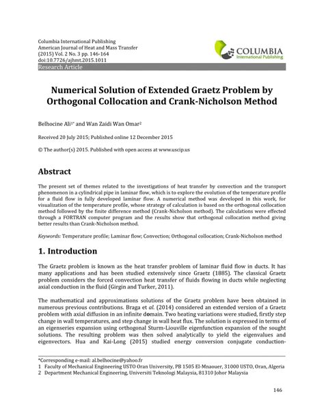 pdf numerical solution of extended graetz problem by orthogonal collocation and crank