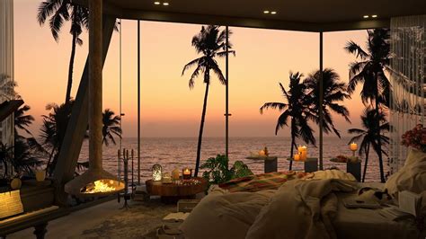 4K Summer Cozy Bedroom View Of The Beach Sunset Smooth Piano Jazz