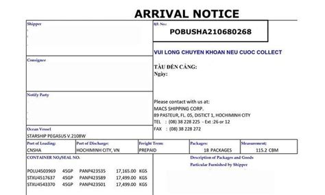 Arrival Notice là gì trong vận tải container