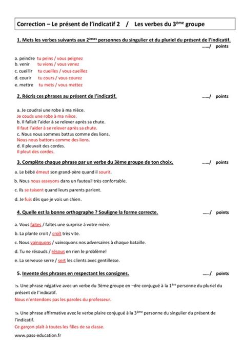 Présent de lindicatif Verbes du 3ème groupe Evaluation de 6ème