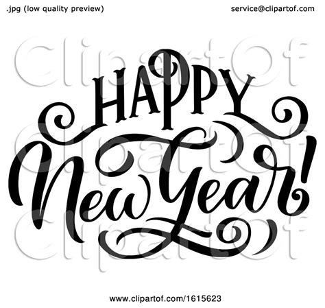 Clipart Of A Black And White Happy New Year Greeting Royalty Free