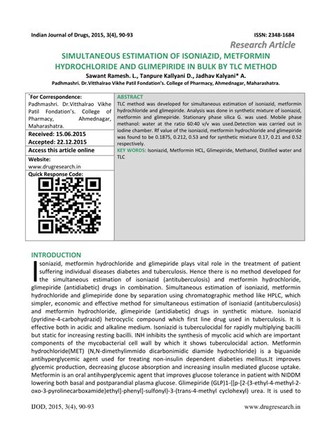 pdf simultaneous estimation of isoniazid metformin hydrochloride and glimepiride in bulk by