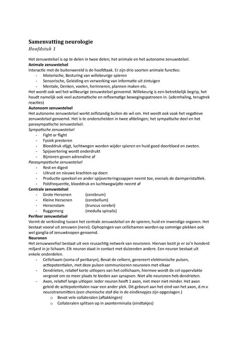 Samenvatting Hoofdstuk 1 En 2 Van Het Neurologie Boek Omvat Basiskennis