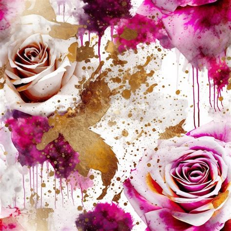 Un Cuadro De Rosas Con Pintura Dorada Y Rosas Rosadas Foto Premium