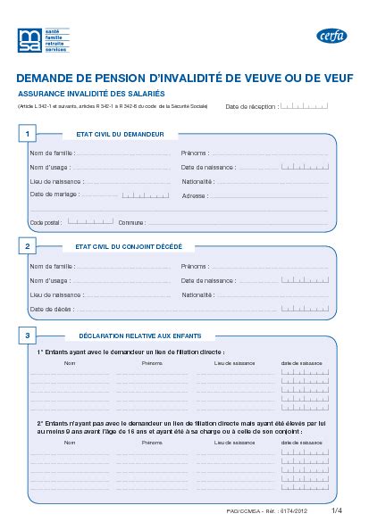 Demande de pension d invalidité de veuf ou de veuve Formulaire Cerfa