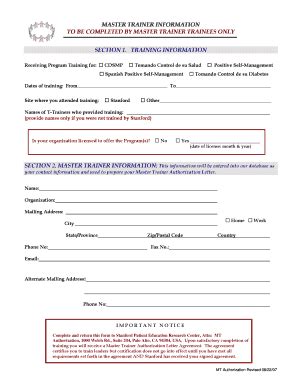 Fillable Online Sogh MASTER TRAINER INFORMATION TO BE COMPLETED BY