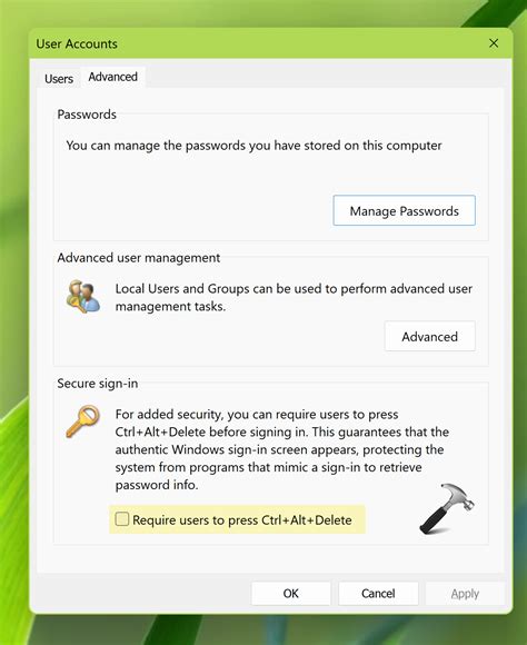 enable or disable secure login in windows 11