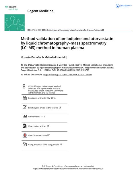 pdf method validation of amlodipine and atorvastatin by liquid chromatography mass