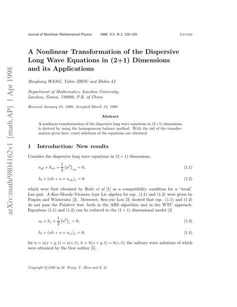 pdf a nonlinear transformation of the dispersive long wave equations in 2 1 dimensions and