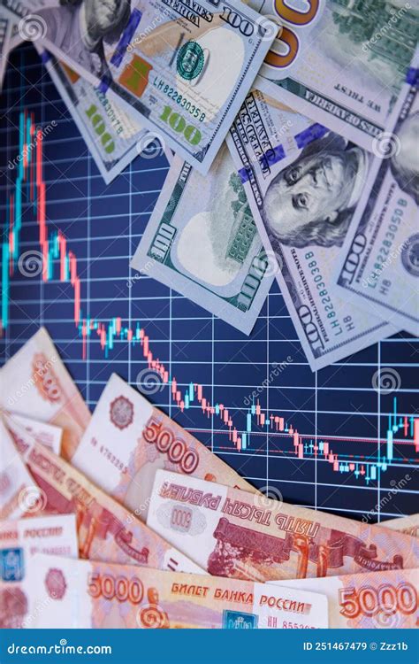 US Dollar And Russian Ruble Banknotes Over Digital Screen With Exchange