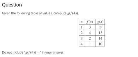 solved question given the following table of values compute