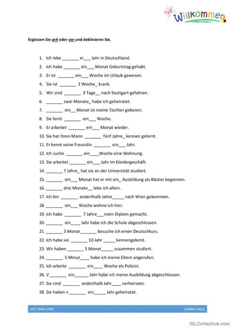 Seit oder vor Temporale Präposition Deutsch DAF Arbeitsblätter pdf doc