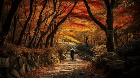 Person On A Path In The Forest Japanese Autumn Leaves Background