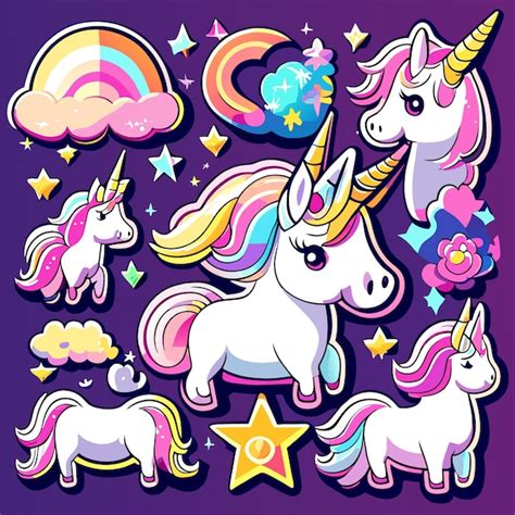Conjunto De Vector De Pegatinas De Unicornio Vector Premium