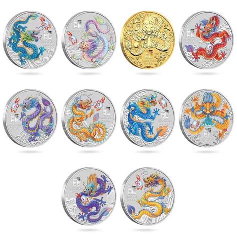 Lunar 3 Drache Ten Coin Set Silber Farbig Vergoldet Inklusive Box