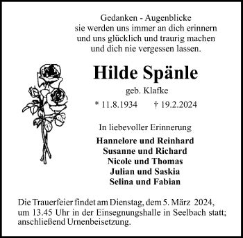 Traueranzeigen von Hilde Spänle Schwarzwälder Bote Trauer