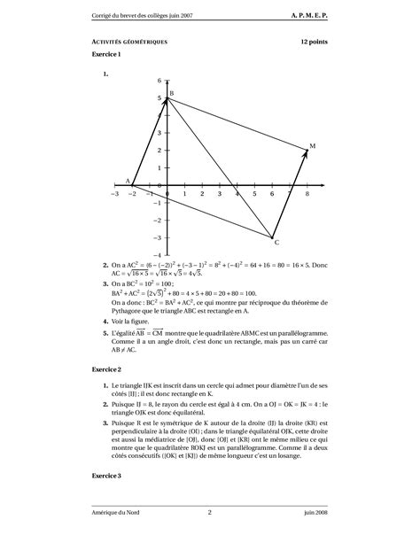 Brevet Maths Amérique du Nord mai 2008 Corrigé AlloSchool
