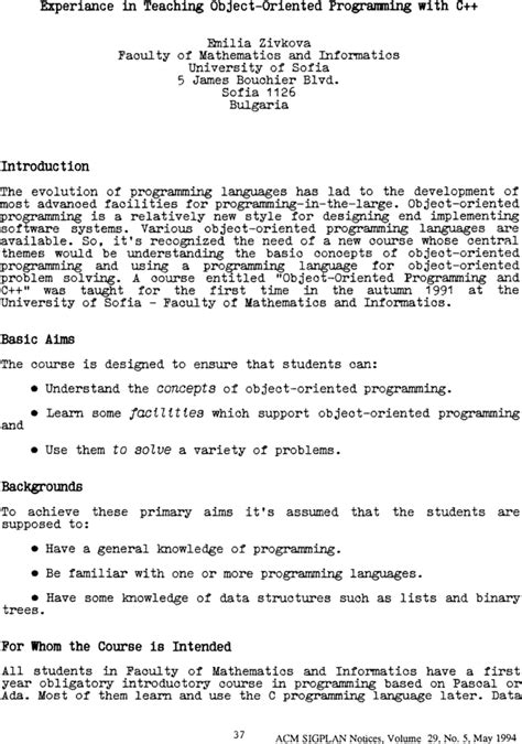 experience in teaching object oriented programming with c acm sigplan notices