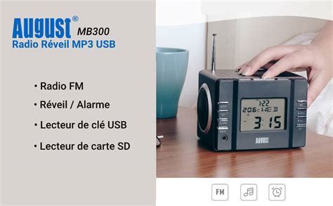 August MB300 Radio Réveil MP3 USB Numérique Poste Radio FM Carte SD