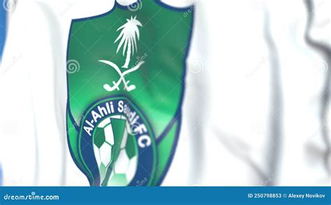 Waving Flag With Al Ahli Saudi FC Football Club Logo Close Up